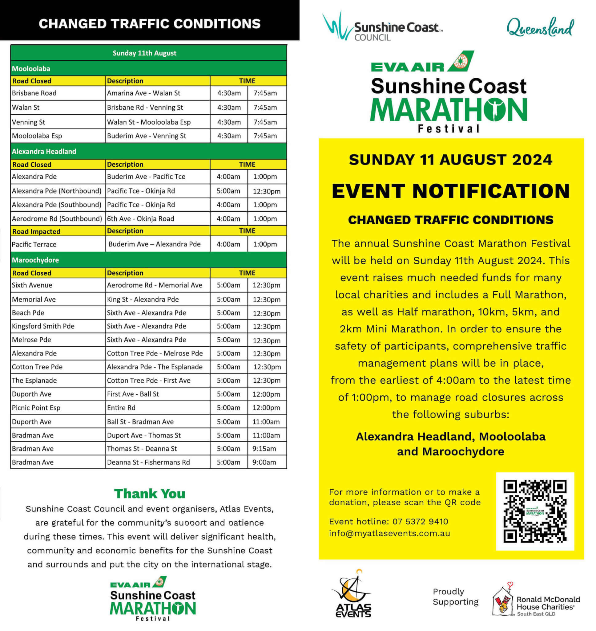 Changed Traffic Conditions - EVA Air Sunshine Coast Marathon
